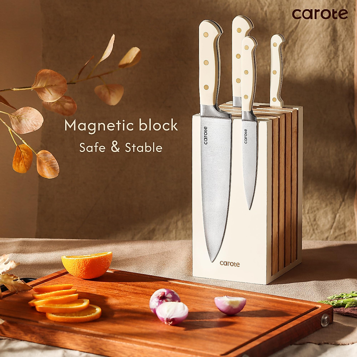CAROTE 11PCS Knife Set with Block for kitchen, Stainless Steel Razor-Sharp Blade, Triple Riveted Ergonomic Handle,Essential Knife Set, Beige