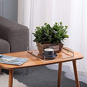 Lyellfe Acrylic Serving Tray with Gold Handles, 14 x 11 Inch Lucite Tray for Coffee Table, Spill-Proof Clear Food Serving Tray for Breakfast, Coffee, Cosmetic or Magazine