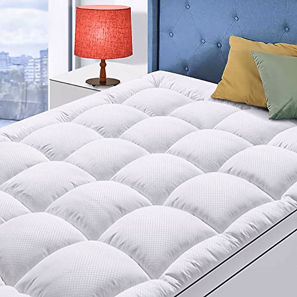 Queen Size Mattress Topper for Back Pain, Cooling Extra Thick Mattress Pad Cover with 8-21 inch Deep Pocket, Plush Pillow Top Mattress Topper Overfilled with Down Alternative, Queen Size, White