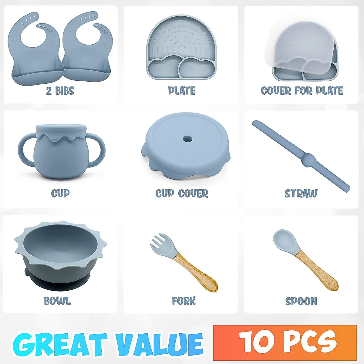 Mishall Baby Feeding Set – 10-Pcs Baby Heavy-Duty Supplies Set with Suction Plates, Bowls, Fork, Spoon, Baby Bibs – Food-Grade Silicone Utensil Set – Self-Feeding Supplies for Babies and Toddlers-Blue