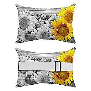 Recliner Head Pillow Ledge Loungers Chair Pillows with Insert 2 Yellow Sunflowers Black and White Background Lumbar Pillow with Adjustable Strap Outdoor Waterproof Patio Pillows for Beach Pool, 2 PCS