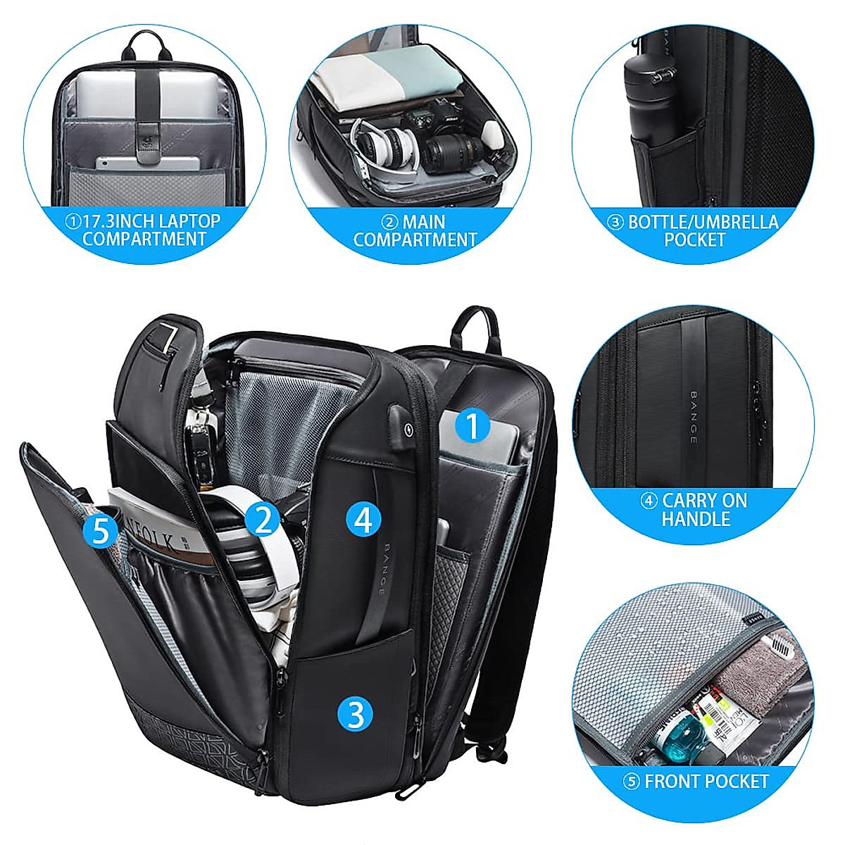 BANGE 45L Expandable Travel Backpacks,Weekender Carry On Backpack, Flight Approved Business Backpack for 17.3inch Laptop