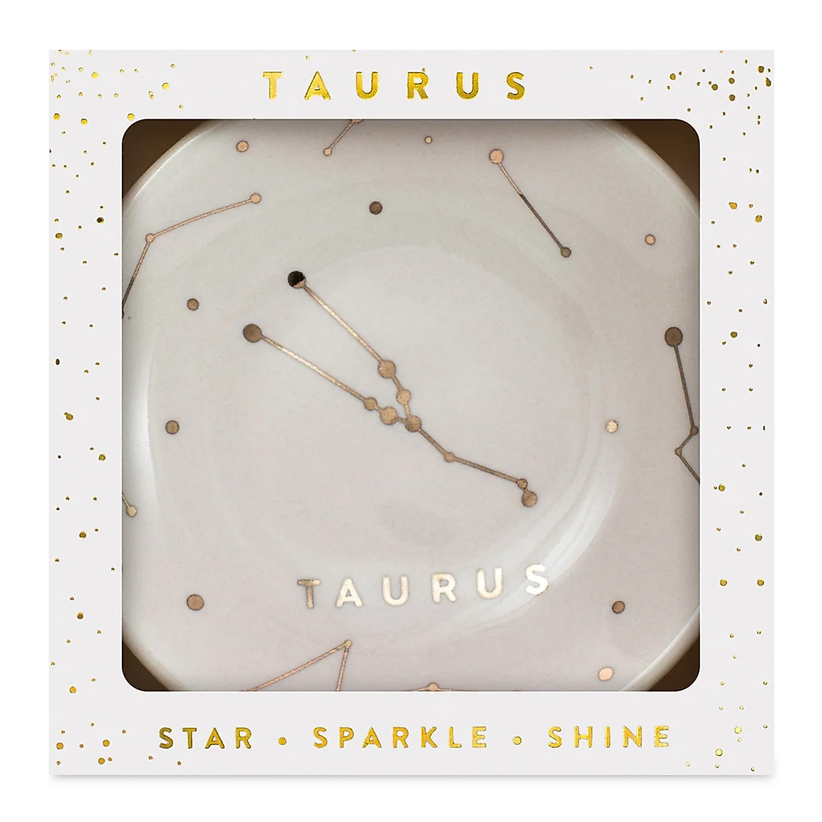 Lucky Feather Zodiac Ring Dish for Women – Glazed Ceramic Jewelry Tray with Astrological Constellation Depicted in Opulent Metallic Gold - Taurus