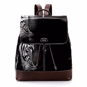 Black White Beautiful Tiger PU Leather Backpack Fashion Shoulder Bag Rucksack Travel Bag for Women Girls