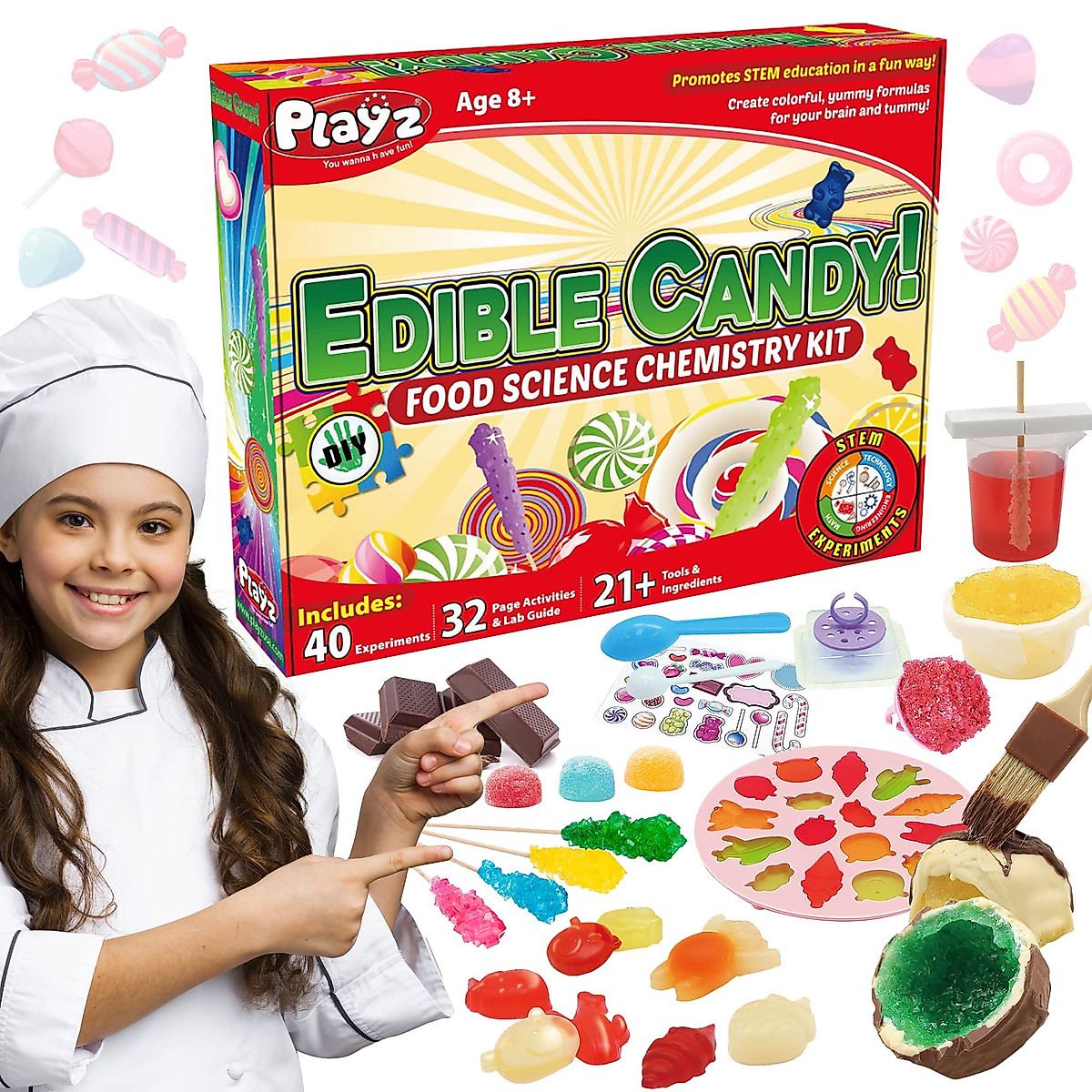 Playz Edible Exploding Candy Making Science Kit for Kids Ages 8-12 Years Old - Food Science Chemistry Kid Science Kit with 29 Experiments, Educational Science Kits for Boy & Girls