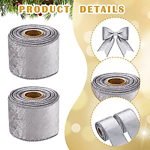 2 Rolls 2.5 Inch 10 Yards Christmas Velvet Ribbon Single Face Christmas Plain Velvet Ribbon for Gift Wrapping Crafts Christmas Wreath Tree Decor (Silver)
