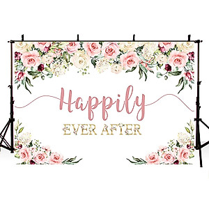 AIBIIN 7x5ft Happily Ever After Backdrop for Wedding Pink Rose Gold Flowers Photography Background Wedding Bridal Shower Party Decorations Banner Photo Booth Props