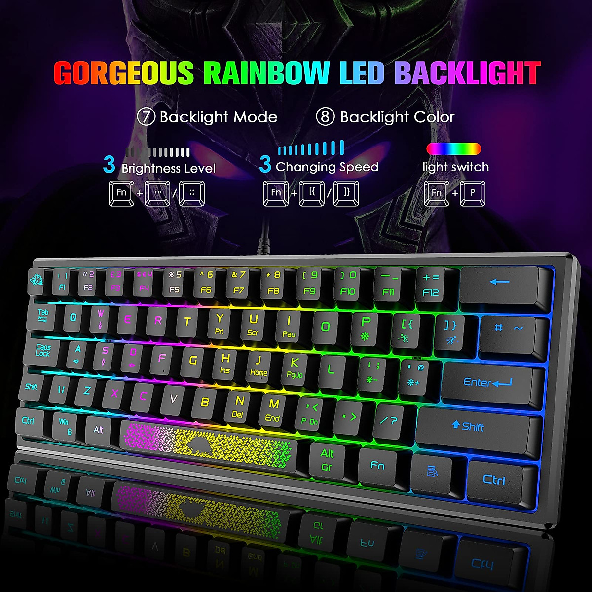 ZIYOU LANG K61 60% Gaming Keyboard Mini Portable with Rainbow RGB Backlit Ergonomic 62Key Layout 19Key Anti-ghosting Mechanical Feel Waterproof USB Wired for PC Mac Windows Gamer Laptop Typists(Black)