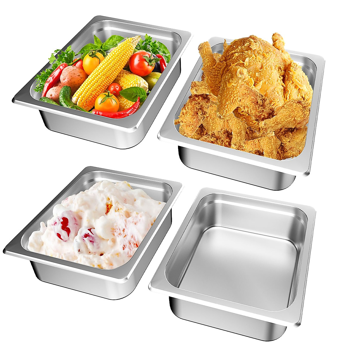 BAKPOCO Hotel Pan 1/2 Half Size - Steam Pan with Lid 4" Deep 4 Packs Food Pan Anti Jam Stainless Steel Buffet Pan Commercial Stainless Steel Pan