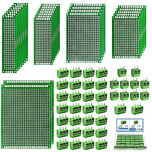 Tnisesm 72Pcs 5 Vaules Double Sided PCB Board Prototype Kits,40Pcs 2 Pin & 3 Pin 5mm/0.2inch Pitch PCB Mount Screw Terminal Block Connector