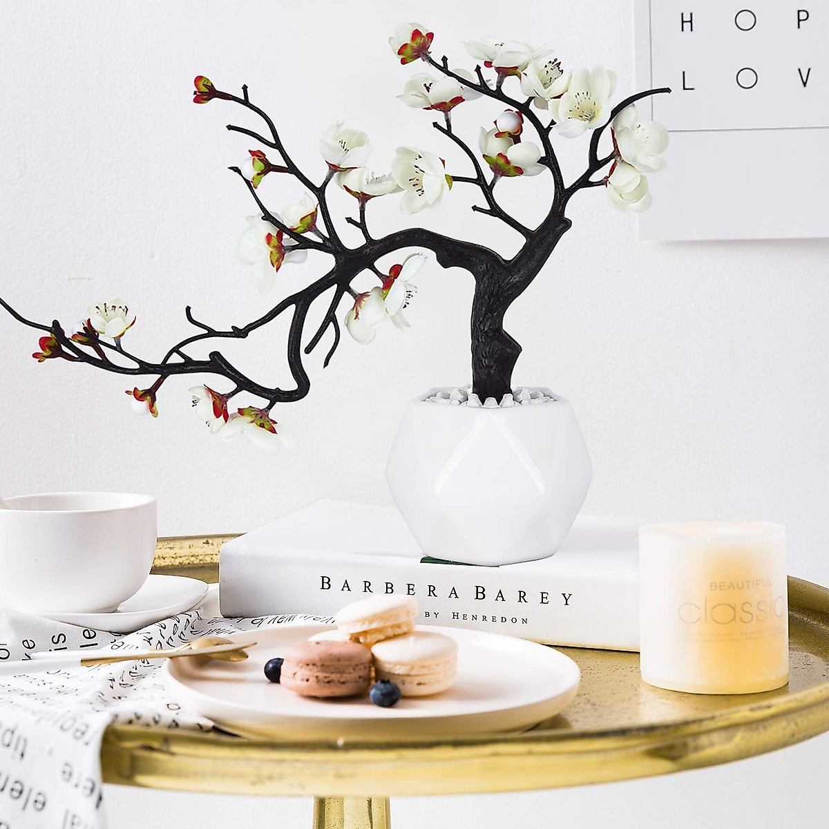 Artflower Plum Blossom Artificial Silk Flowers 2 Pack Simulation Flower with Ceramic Vase Fake Plant Potted Arrangement for Home Wedding Office DIY Living Room Party Garden Decoration (White)