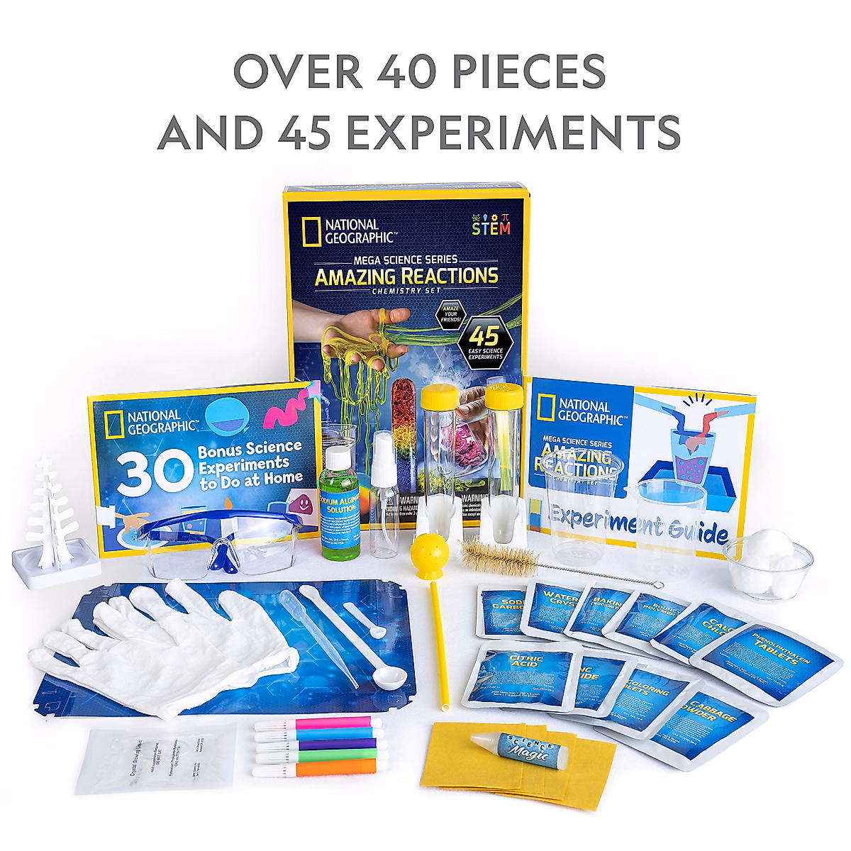 NATIONAL GEOGRAPHIC Amazing Chemistry Set - Chemistry Kit with 45 Science Experiments Including Crystal Growing and Reactions, Science Kit for Kids, STEM Gift for Boys and Girls (Amazon Exclusive)