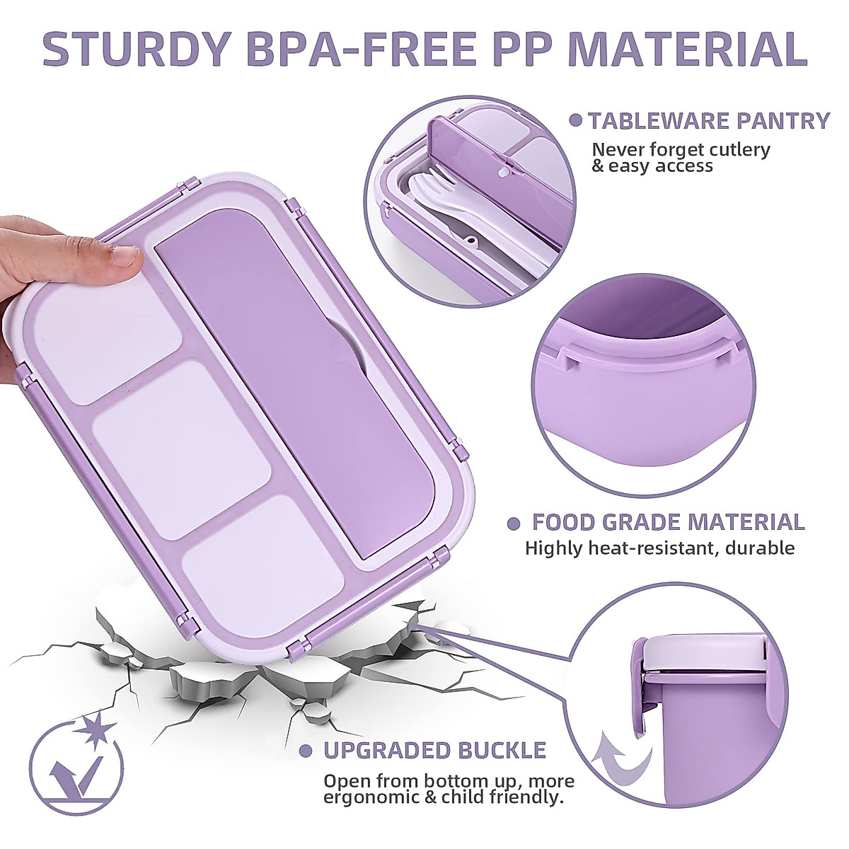 Sunhanny Bento Lunch Box for Adults, Kids Girls Boys Lunch Box, Lunch Containers for Adults Women with 4 Compartments, Sauce Container, Fork and Spoon, Muffin Cups, Purple