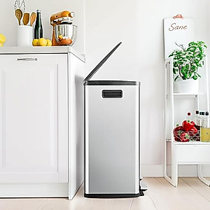 Homee 16 Gallon Trash Can Soft-Close Lid, Recycling Kitchen Trash Can with Foot Pedal and Removable Inner Bucket, 60 Liter Stainless Steel Waste Bin