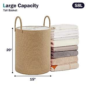 YOUDENOVA Laundry Hamper Basket with Linen Lid, Woven Tall 58L Laundry Basket for Blanket Organizer- Nursery Hamper for Bedroom Storage