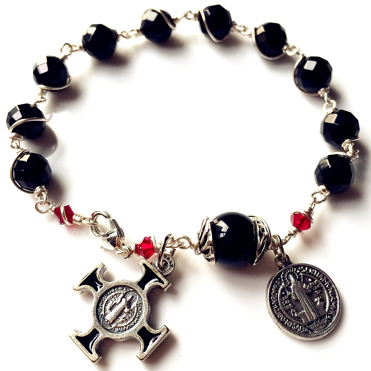 elegantmedical HANDMADE SILVETR Wire Wrap Black Agate Prayer Beads Bracelet Rosary Cross Catholic