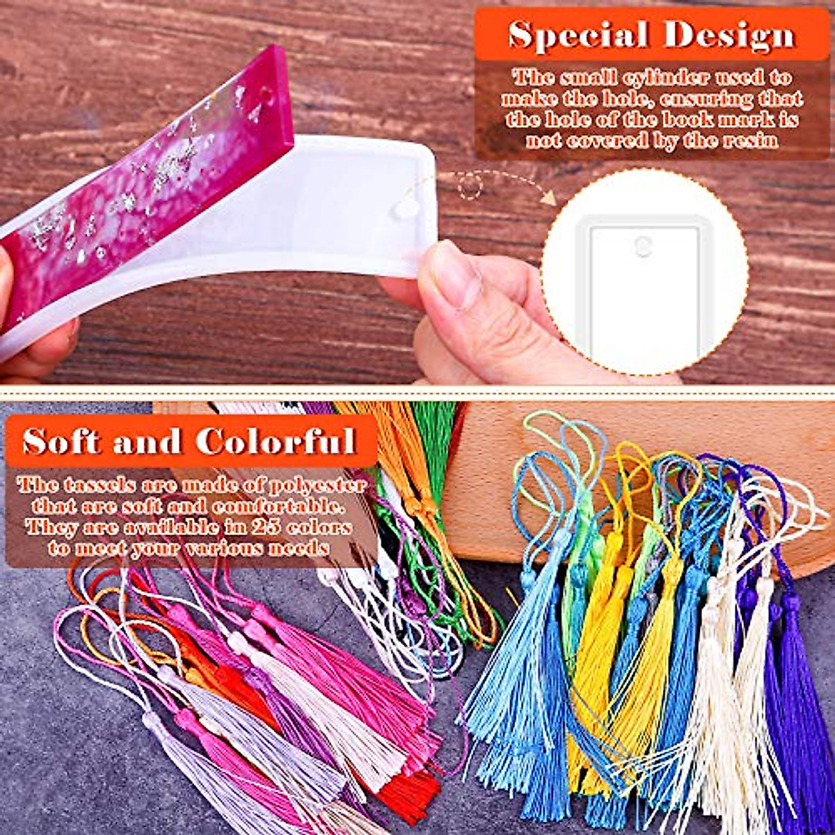 Bookmark Mold with Tassles, Caffox Bookmark Mold Kit with 100pcs Bookmark Tassels Bulk and 10pcs Rectangle Silicone Bookmark Mold for Epoxy Resin Casting