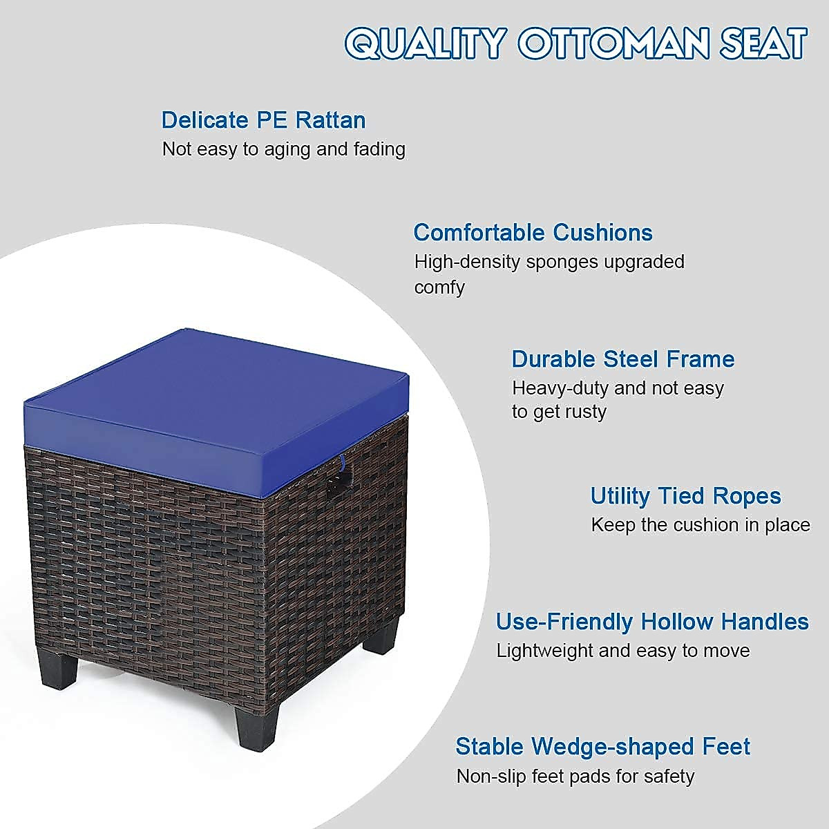 Giantex 2-Piece Rattan Patio Ottoman, All Weather Wicker Ottoman w/Removable Cushion & Steel Frame, Outdoor Footstool Footrest Furniture (Navy Blue)