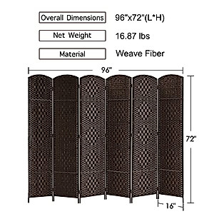 6 ft. Tall-Extra Wide-Diamond Weave Fiber Room Divider,Double Hinged,6 Panel Room Divider/Screen, Room Dividers and Folding Privacy Screens 6 Panel, Freestanding Room Dividers-Dark Mocha 6 Panel