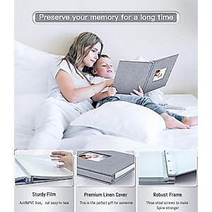 Popotop Photo Album Self Adhesive with Picture Display Window,40 Pages DIY Baby Memory Book for 4x6 8x10 Picture,Linen Cover Scrapbook for Wedding,with Scraper and Metallic Pen
