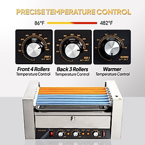 ROVSUN Hot Dog Roller Warmer ETL Certified, 7 Rollers 18 Hot Dog Roller Grill Cooker Machine w/Bun Warmer, Cover, Dual Temp Control, LED, Removable Shelf & Drip Tray for Party Home Commercial 1200W