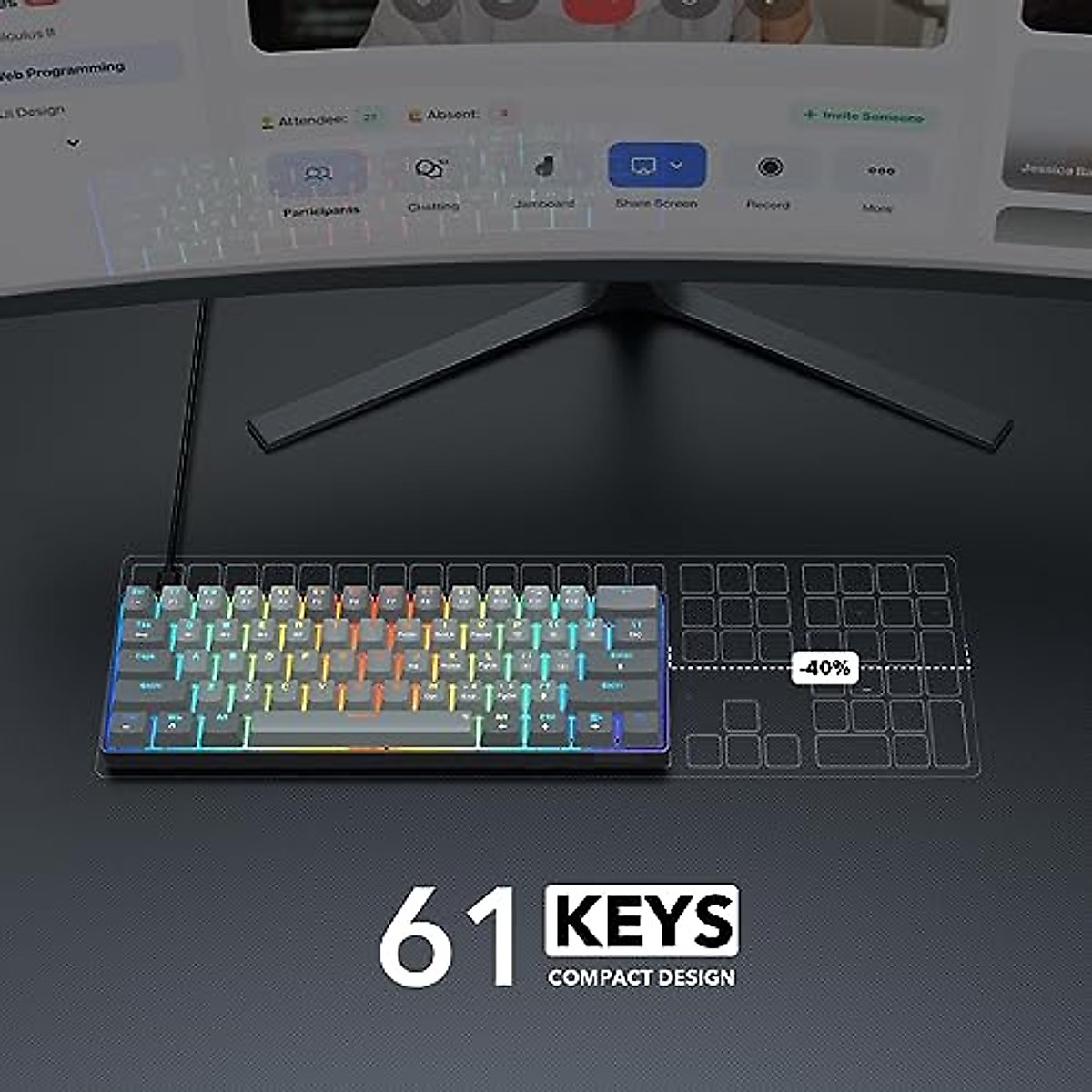 SABLUTE Mechanical Gaming Keyboard, Bluetooth/2.4G/USB-C Wired 60% Compact Mini Keyboard with 20 RGB Effects & 7 Colors Backlit, N-Key Rollover, 61 Keys Layout, Hot Swappable Linear Red Switch