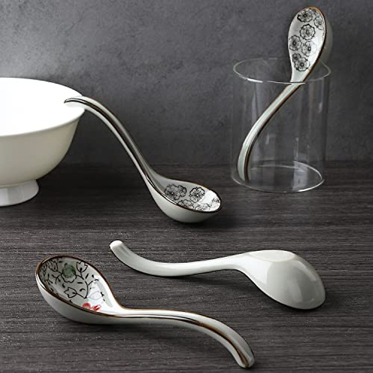 Ceramic Soup Spoons Set of 4 Porcelain Japanese Soup Spoon Long Handle Asian Soup Spoon Sets for Pho Ramen Noodles Wonton Dumpling Rice (Model 2#)