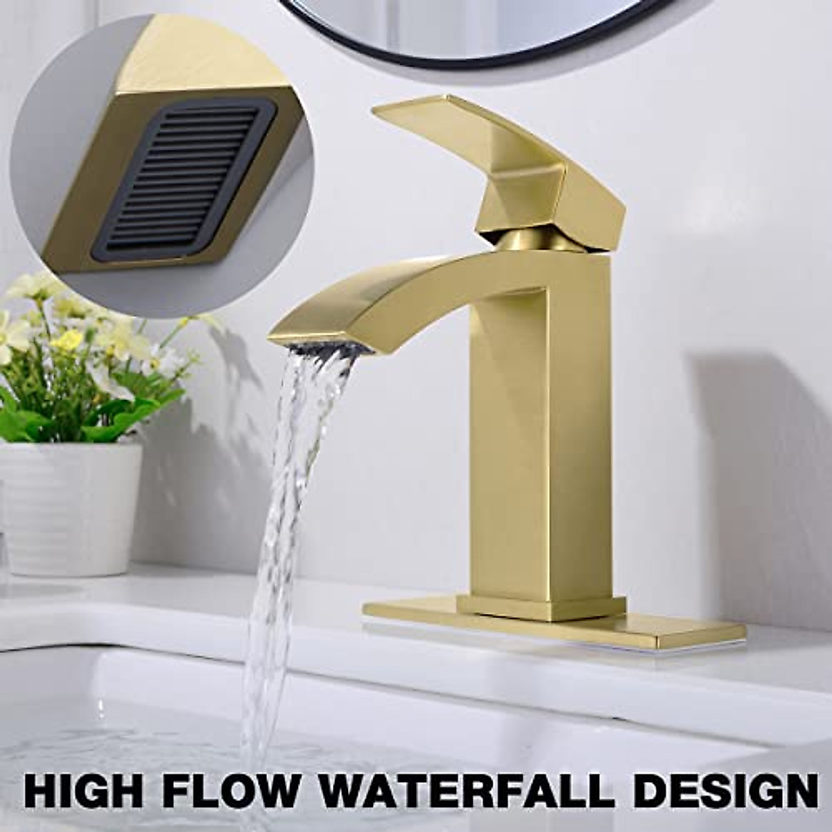 TRUSTMI Bathroom Faucet Square Shaped Brass Brushed Gold Vanity Sink Faucet Heavy Duty Single Handle Single Hole Waterfall Lavatory Faucet, 6" Deck Plate and Overflow Pop Up Drain Included