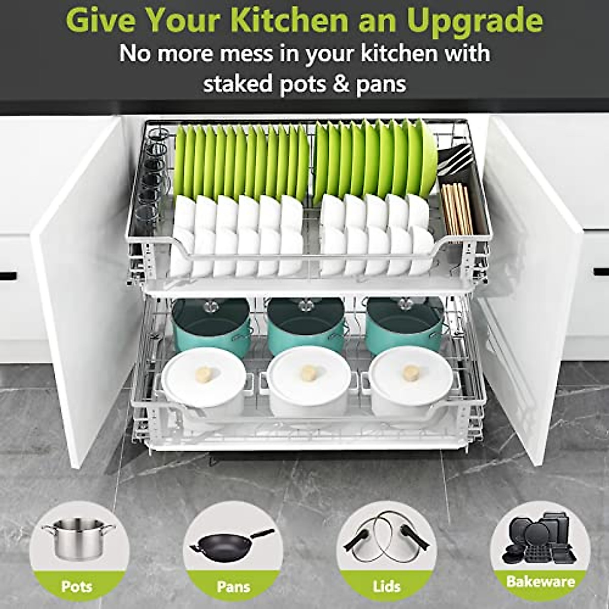2 Tier Pull Out Cabinet Drawer Organizer Heavy Duty Pull Out Spice Rack 304 Stainless Steel Deepen 47cm Kitchen Slide Out Storage Shelf for Cans, Bakeware for Pantry, Cupboard, Bathroom Cabinet (59W*