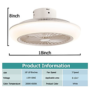 PINFM 16in Remote Invisible Ceiling Fan,72W Flush Mount Low Profile, 3 Speeds, 3 Wind Speed Ceiling Fan and Lights,(1/2h) Timing,for Kitchen, Living Bed Room.