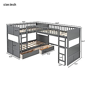 Harper & Bright Designs L-Shaped Twin Size Bunk Bed and Loft Bed with Two Storage Drawers and Guardrail (Grey)