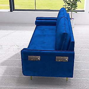 COULDWILL Velvet Small Sofa Mid-Century Modern Loveseat Couch with 2 Waist Pillows and Pockets, 71'' Comfy Sofa for Living Room and Studio, Blue