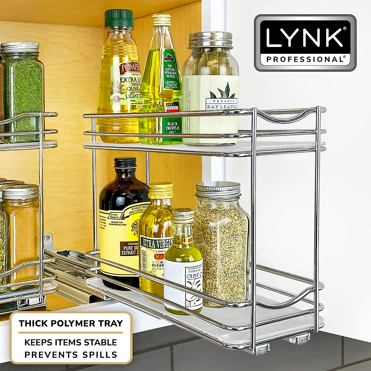Lynk Professional® Pull Out Spice Rack Organizer for Cabinet - Slide Out Vertical Spice Rack - 4-1/4 inch Wide Sliding Spice Organizer Shelf - Double, Chrome