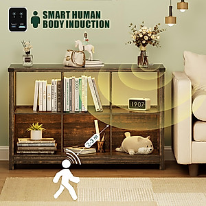 FREDEES Farmhouse Black Bookcase with Led Lights, Mid Century Modern 6 Cube Book Cases with Open Shelf, 46" W x 30" H x 16" D Wood Bookshelf for TV Stand, Bedroom, Living Room