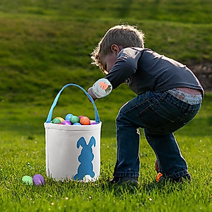 Easter Bunny Basket Bags Fluffy Tails Printed Rabbit Toys Bucket Totes & Carrot Cuff Guard Covers for Kids Canvas Carrying(Blue)