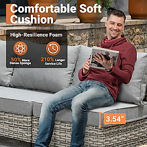 ovios 11 Pcs Patio Furniture with Fire Pit Table, Outdoor Rattan Wicker Conversation Set with Glowing Coffee Table, Comfy Sectional Sofa for Porch Balcony Backyard Pool, Grey