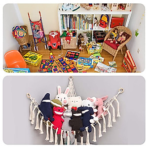 ROPECUBE Hanging Stuffed Animal Hammock, Handmade Stuffed Animal Storage Organizer With Boho Macrame Style, Corner Plush Toys Storage Organizer for Nursery Kid Room Playroom