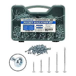 Massca Wood Screws Assortment Kit - Pocket Hole Screws with Plastic Storage Box, 500 Set Screw Assortment Kit Heavy Duty, Fine Thread, Zinc Plated Set Screws for Woodworking, Varying Lengths