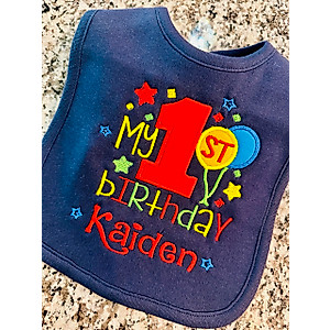 Fantasy Kids Designs First Birthday Boy Bib Personalized with Baby Name (Navy Blue Bib/Red)