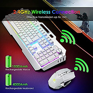 Wireless Gaming Keyboard and Mouse,16 Kinds RGB LED Backlit Rechargeable Keyboard Mouse with 4800mAh Battery Metal Panel,Mechanical Feel and Gaming Mute Mouse for PC Gamers(White RGB Backlit)