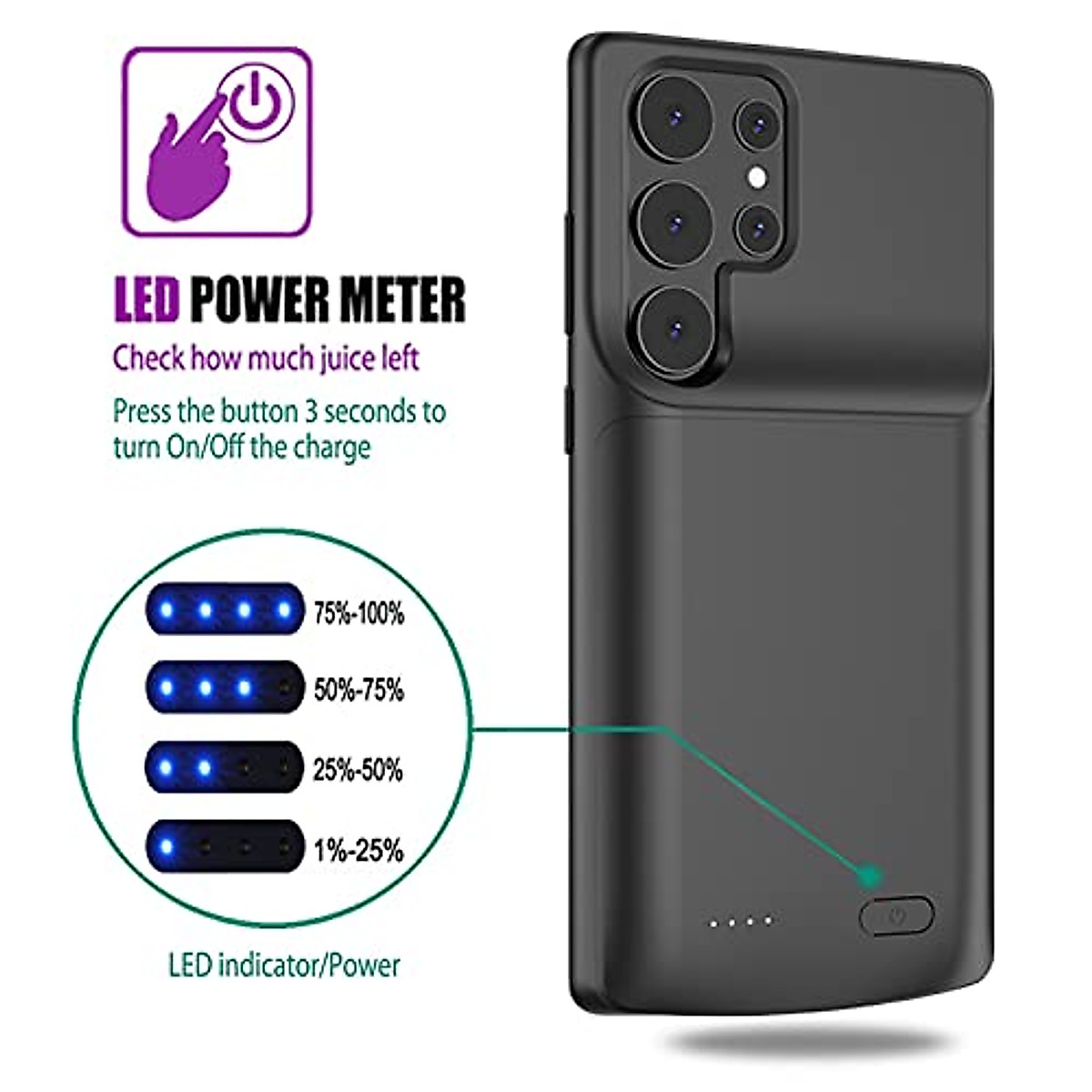 Battery Case for Galaxy S23 Ultra, 4800mAh Slim Portable Rechargeable Protective Battery Pack Charging Case Compatible with Samsung Galaxy S23 Ultra (6.8 inch) Extended Battery Charger Case (Black)