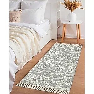 Grey White Botanical Kitchen Runner Rug 2'x4', Washable Woven Cotton Area Rug with Tassels Bathroom Hallway Rug, Pastoral Spring Floral Summer Art Entryway Bedroom Rug Non Slip Throw Rug Carpet