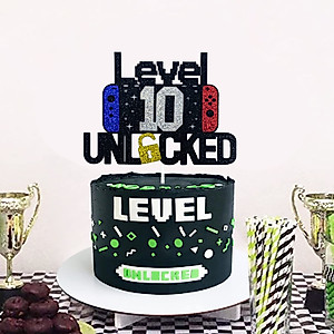 10th Birthday Video Game Cake Topper Level 10 Unlocked Cake Topper for Kids Boy Girl 10-Years-Old Birthday Party Decoration