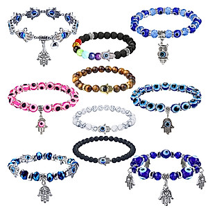 Sanfenly 10Pcs Evil Eye Bead Bracelet for Women Men Hamsa Hand Fatima Blue Eye Chakra Beaded Charm Stretch Bracelet Turkish Evil Eye Good Luck Protection Bracelet Evil Eye Jewelry Gift