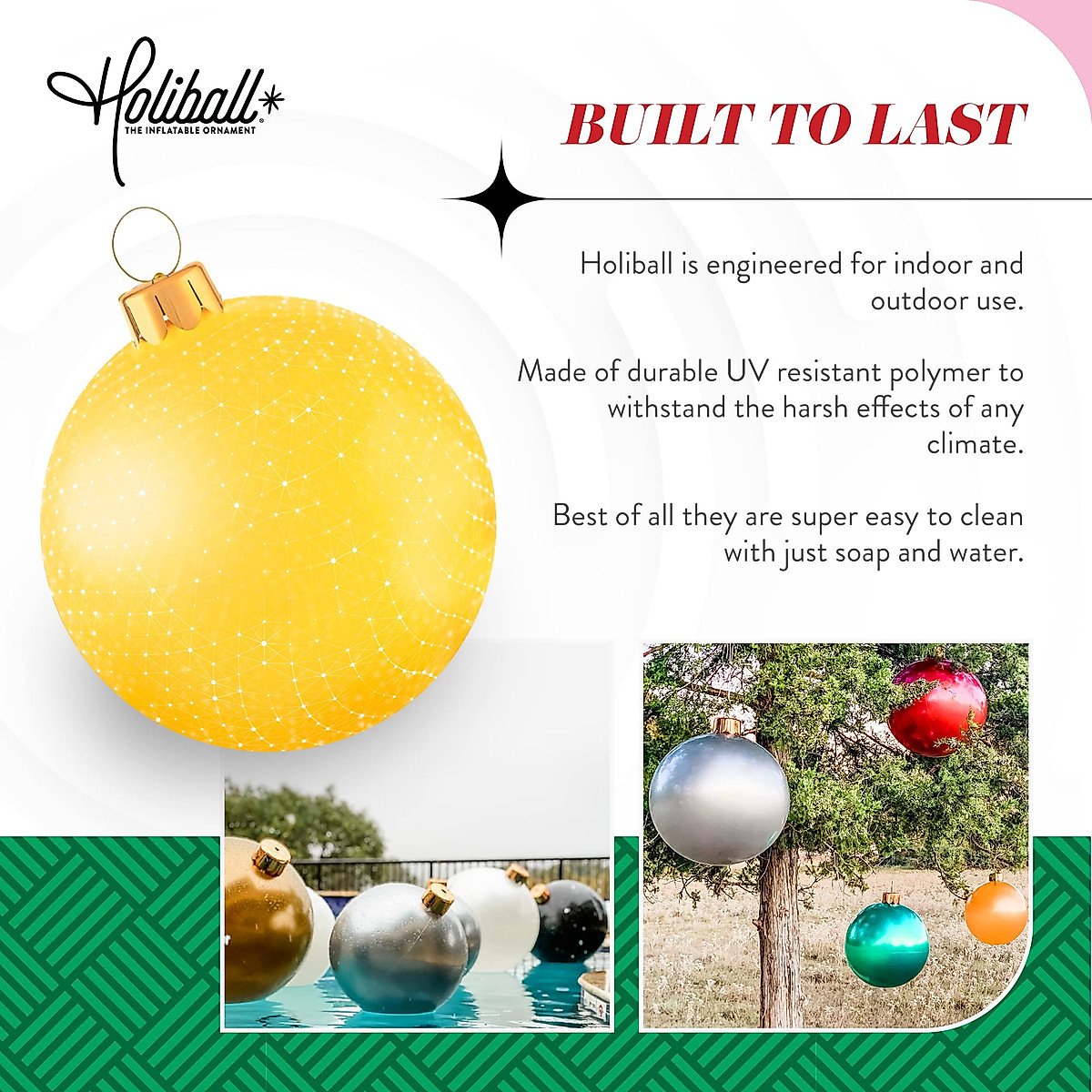 Holiball Inflatable Holiday Ornament – Indoor and Outdoor Use– Reusable and Storage Friendly – The Ultimate Holiday Decoration – 18" – Holly Green
