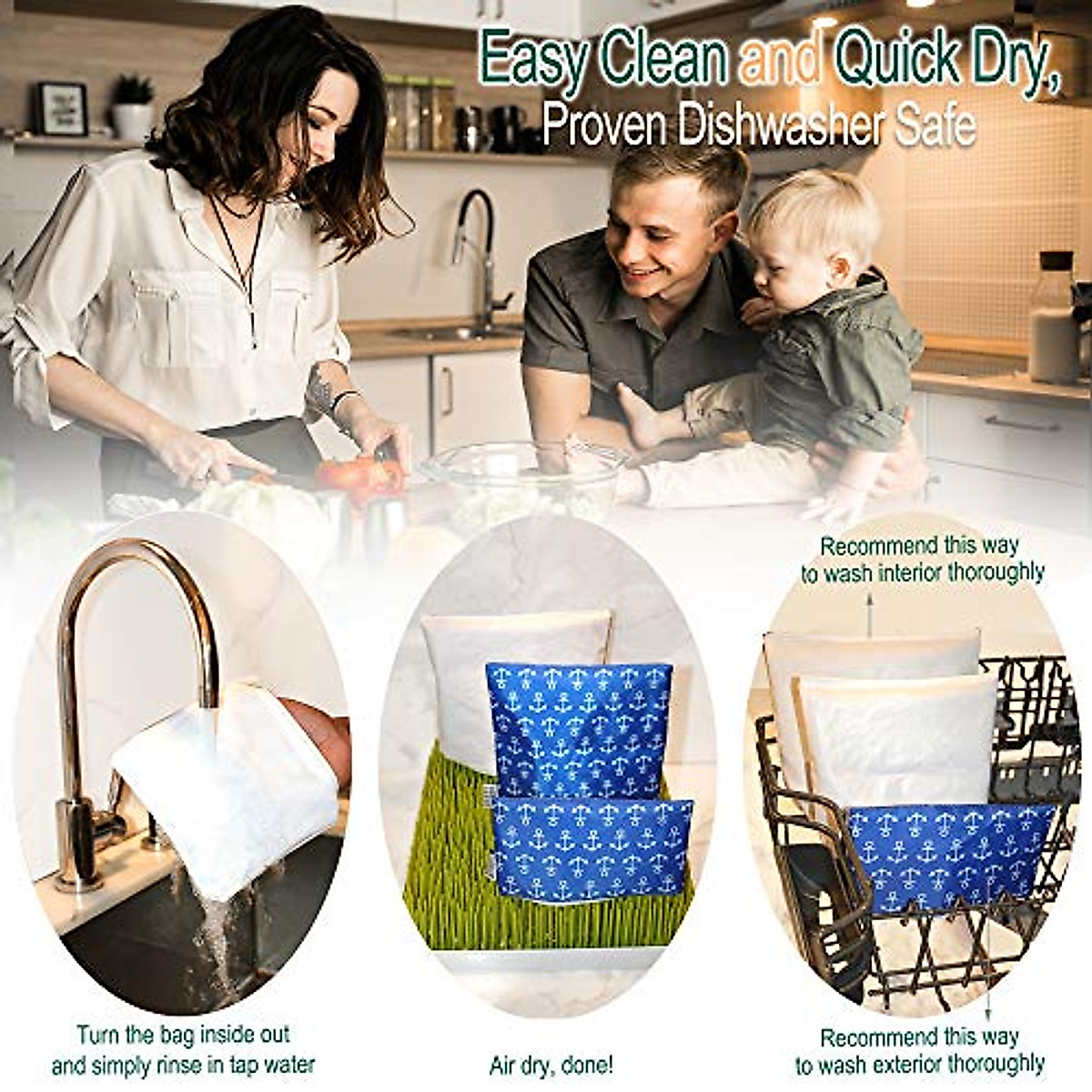 Reusable Sandwich Snack Bags for kids Urban Green, Sandwich bags zipper dishwasher safe, snack pouch bag cloths, Lunch Bags, BPA Free, 5 pack, Dinosaur snack Bags, Toiletry Makeup Bag