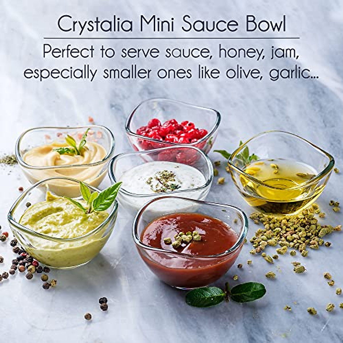 Volarium Mini Glass Bowls for Dipping Sauces, Condiments, Salsa, Mini Parfaits and Fruit Salads, Individual Portions of Appetizers and Portion-Controlled Desserts, Set of 6 (2 1/4 oz)