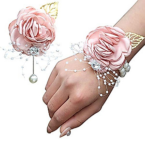 XAN Bridesmaid Wrist Flower Corsage Bride Silk Wrist Flower, with Artificial Pearl Bead Elastic Bracelet Wristband Gold Leaf, Used for Wedding Ball Hand Flower Decoration (Grey Combination)