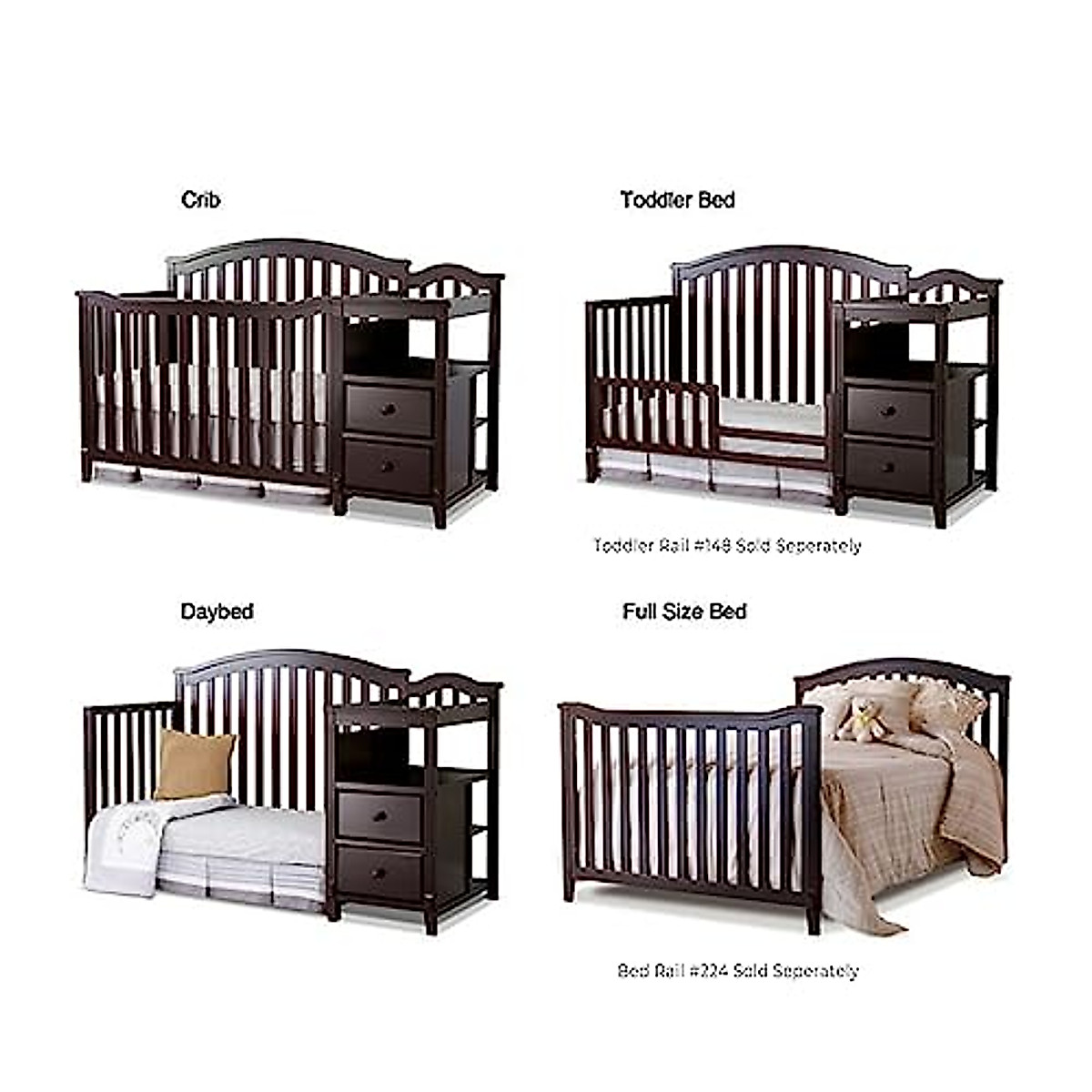 SORELLE FURNITURE Berkley Crib and Changer with Slat Panel Back Classic -in- Convertible Diaper Changing Table Non-Toxic Finish Wooden Baby Bed Toddler Childs Daybed Full-Size Nursery - Espresso