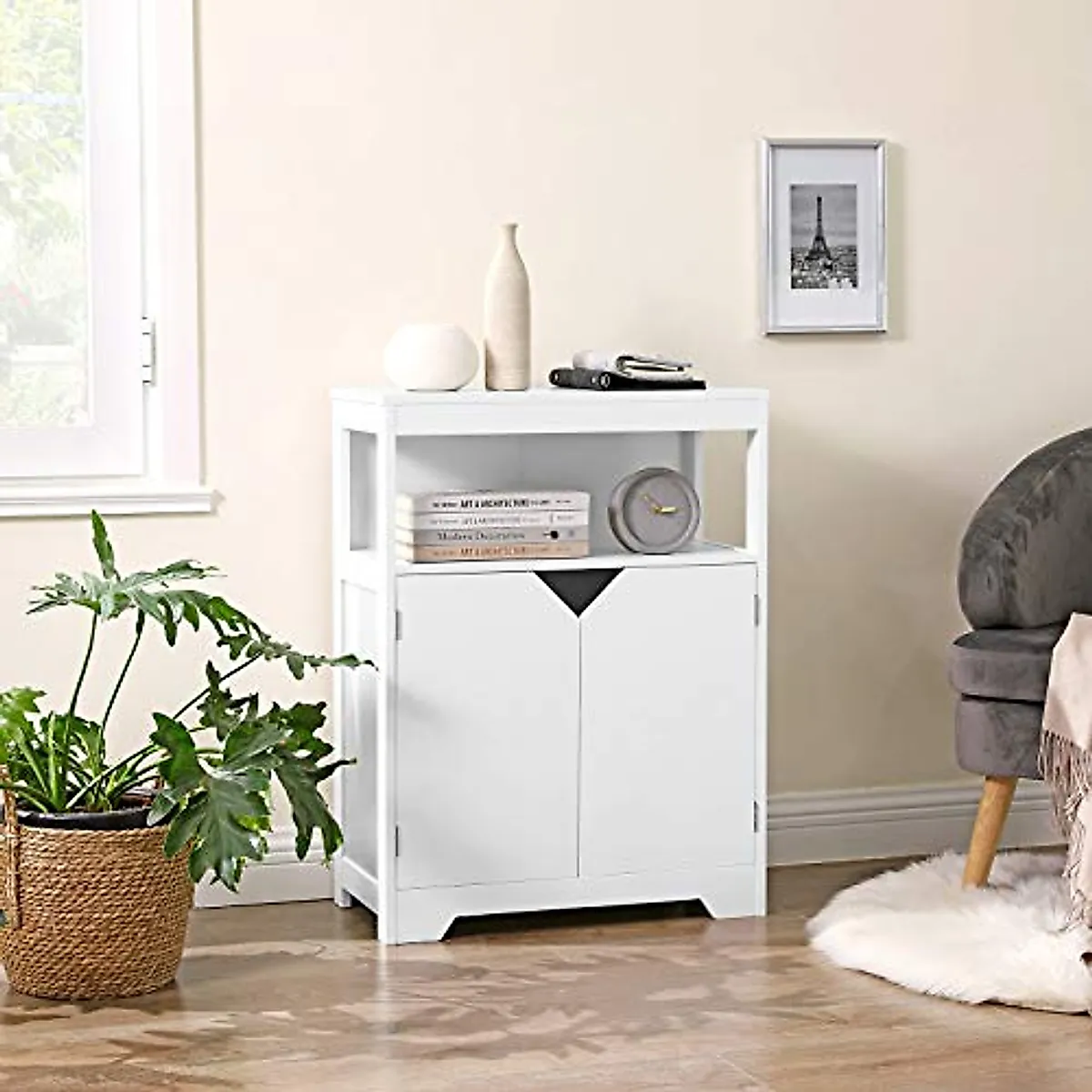 VASAGLE Bathroom Storage Cabinet, Floor Cabinet Cupboard, with Large Storage Capacity, Printed Marble-Like Pattern, Open Shelf, and Adjustable Closed Shelf, 23.6 x 11.8 x 31.5 Inches, White UBBC68WT